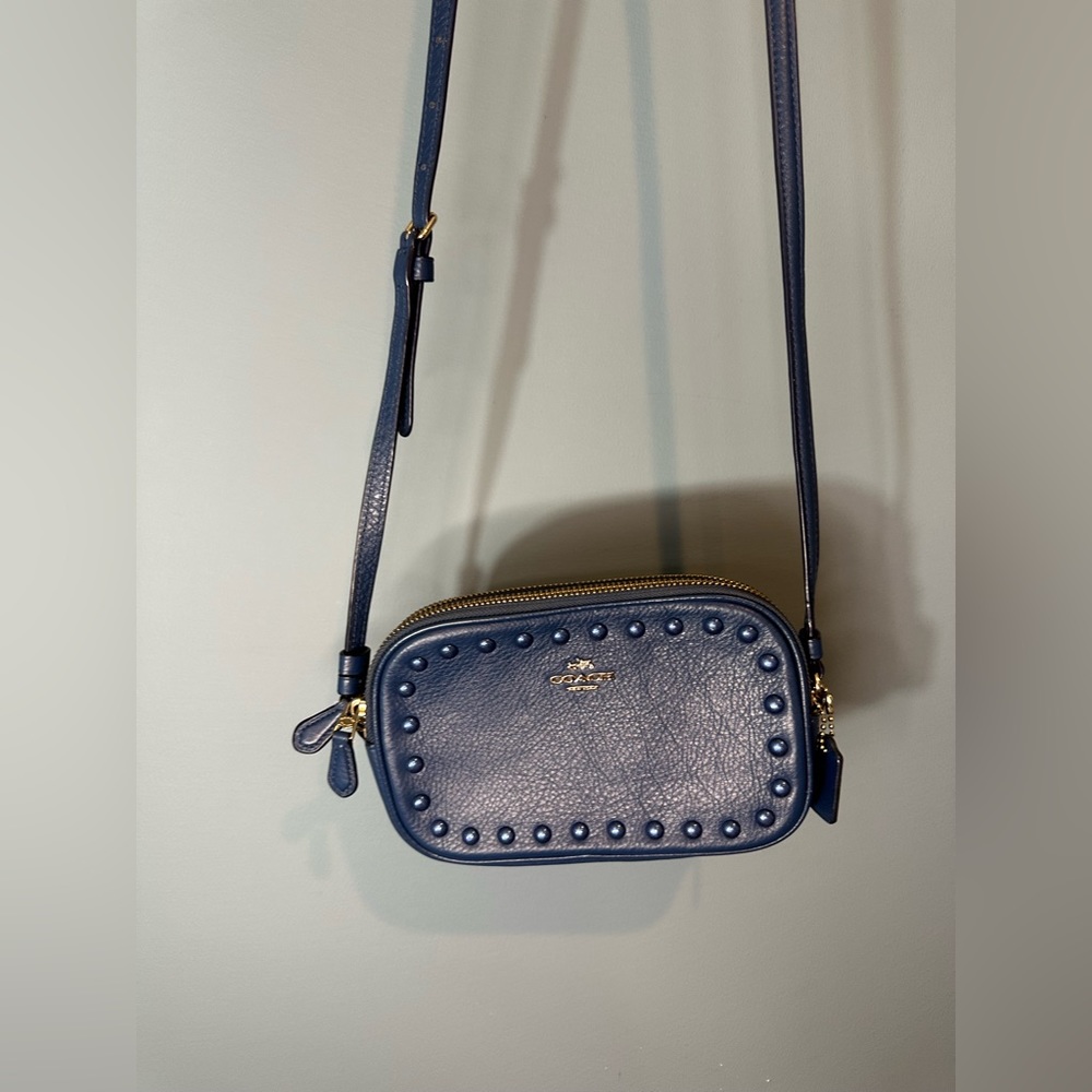 Coach Double Zip Camera Crossbody Bag In Blue Leather - Gem